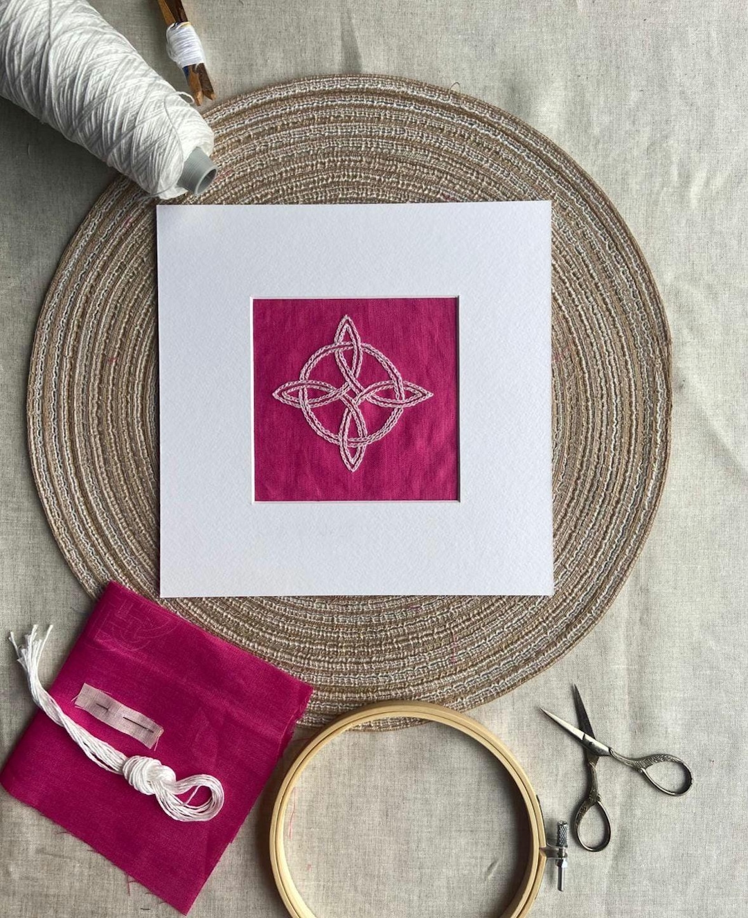 Celtic Compass Knot Design on Pink Irish Linen, DIY Hand Embroidery Kit ...