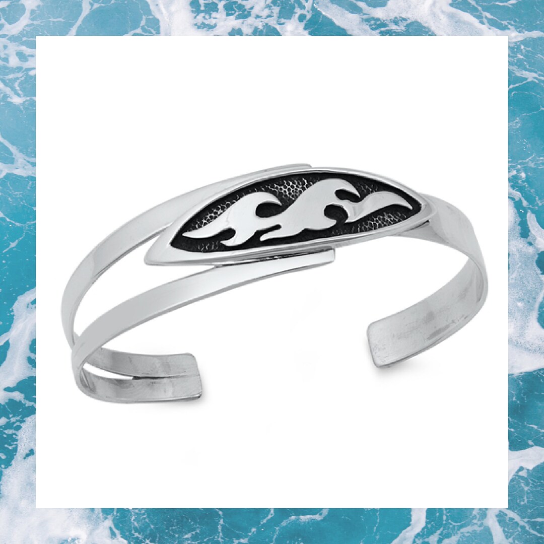 Sterling Silver Cuff Bracelet Wave Design, Surf Waves Cuff, Adjustable ...