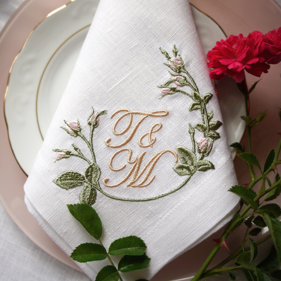 Wedding Monogrammed Napkins, Cloth Embroidered Rose Napkins ...