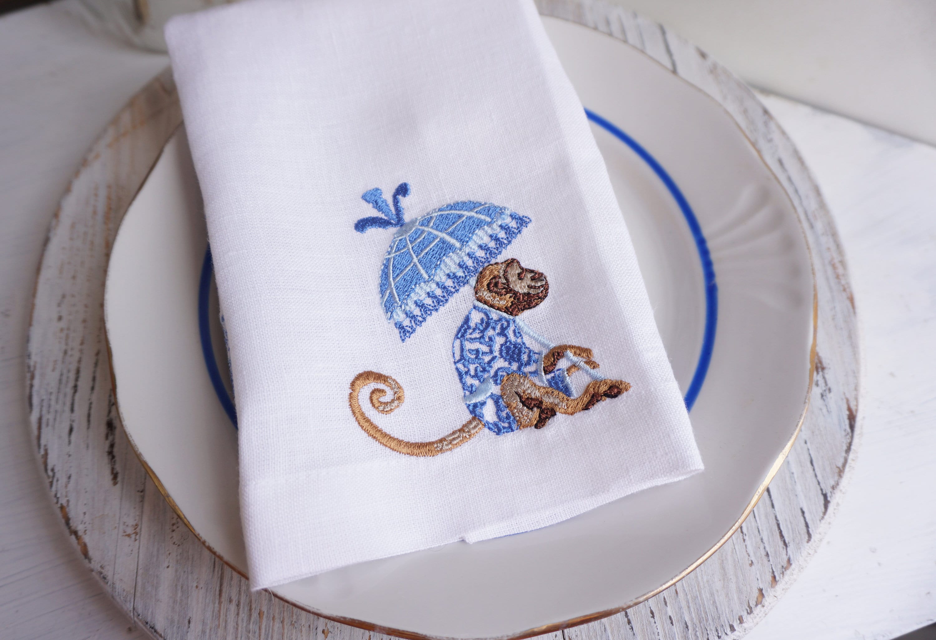 Blue Embroidered Linen Napkins Table Decoration Embroidered | Etsy