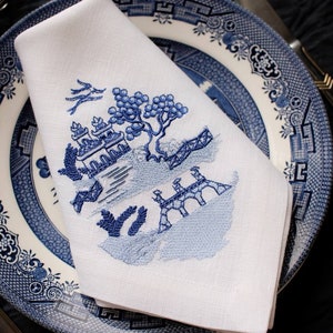 Blue Willow China Embroidered Linen Napkins: Chinoiserie Birdhouse - Etsy