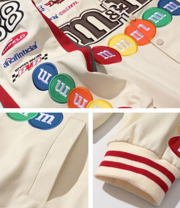 Bomber Jacket Men Women Hip Hop M&M Embroidery Motorcycle Loose ...