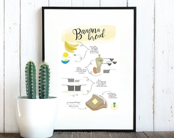 Banana Bread Hand Illustrated Recipe Card (PDF Download), Hand Drawn ...