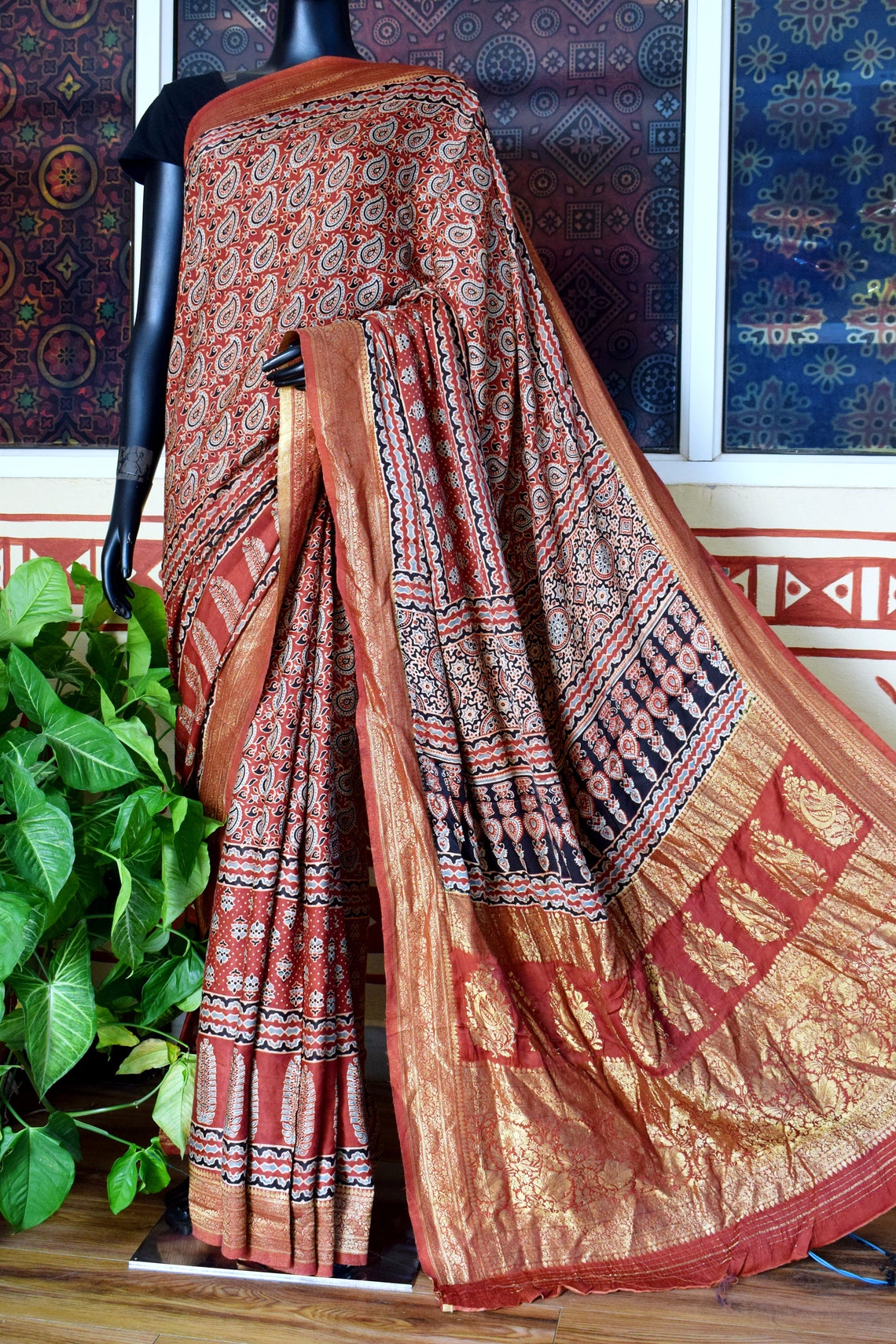 Ajrakh Saree Block Print Banarasi Modal Silk Saree Ajrakh | Etsy