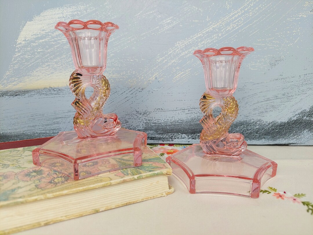 Glass Dolphin Candlesticks, Candle Holders, Pressed Glass - Etsy