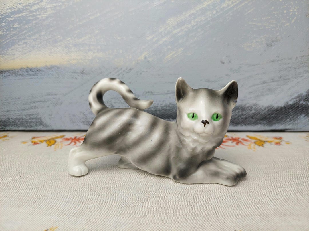 Grey Tabby Cat Figurine, Grey and White Striped Cat - Etsy