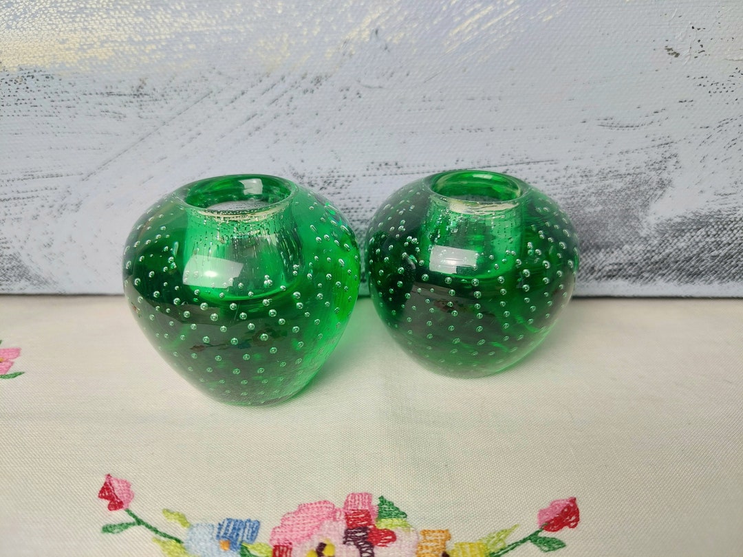 Small Green Art Glass Candle Holders, Controlled Bubbles, Bullicante ...