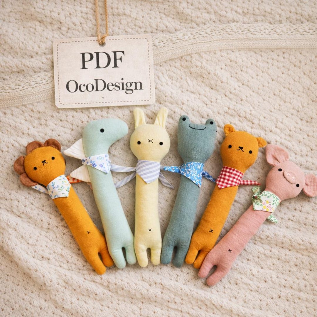 Baby Plush Rattle Sewing Pattern, Bunny, Bear, Piggy, Frog, Lion, Dino ...