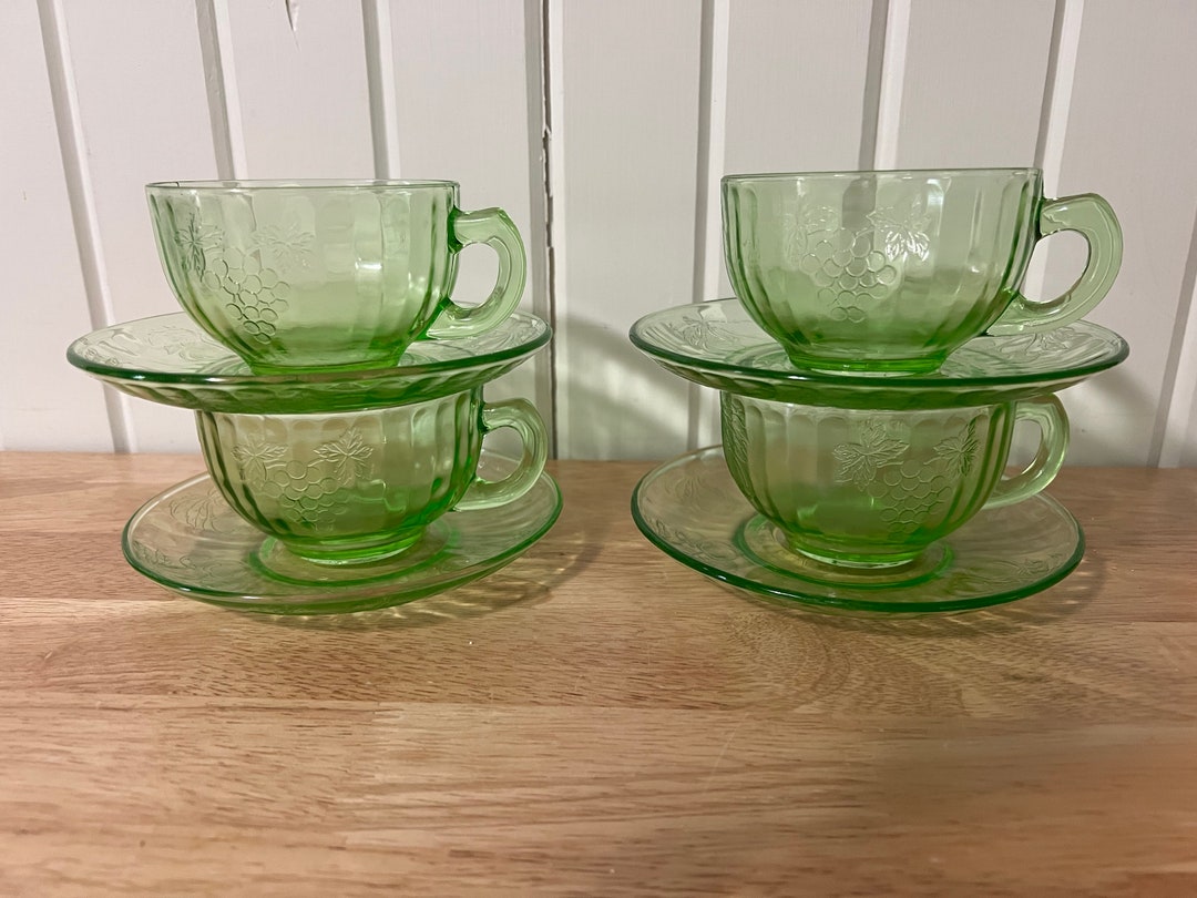 Green Etched Glass, Fruit Pattern, Cups and Saucers, Set of 4 - Etsy