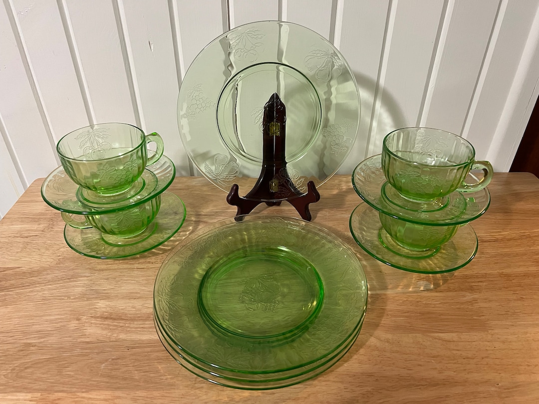 Green Etched Glass, Fruit Pattern, Plates, Cups and Saucers, Set of 4 ...
