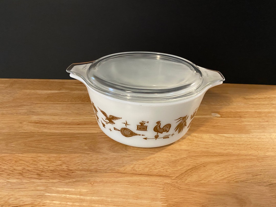 Pyrex, 474-B, Americana, Brown Design on White, 1.5 Qt, With Lid - Etsy