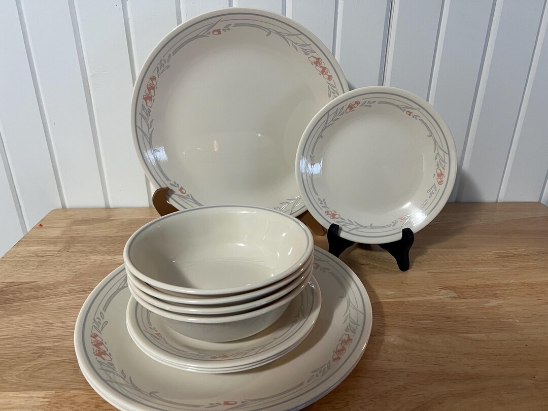 Corelle, Tulip Rose Flowers, Grey Bands and Leaves, Cream, 12 Pieces - Etsy