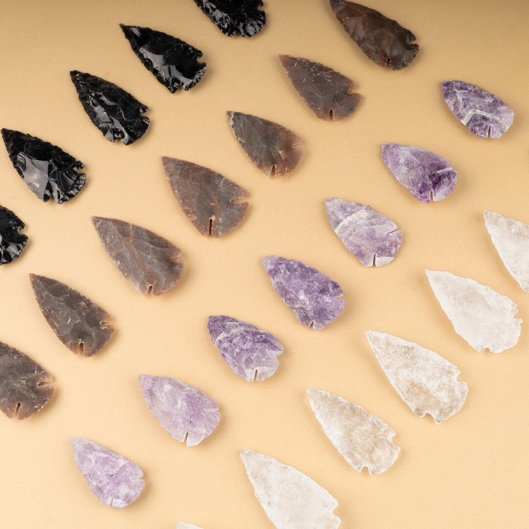 Hand Carved Crystal Arrowhead, 2" Black Obsidian, Clear Quartz, Fancy ...