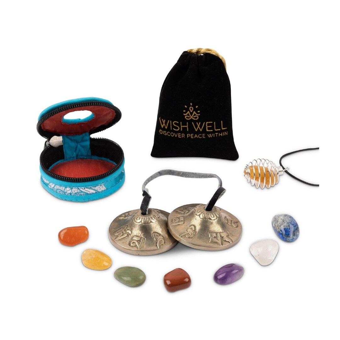 Tingsha Bells With 7 Chakra Crystal Set, Zipper Gift Case for Tingsha ...
