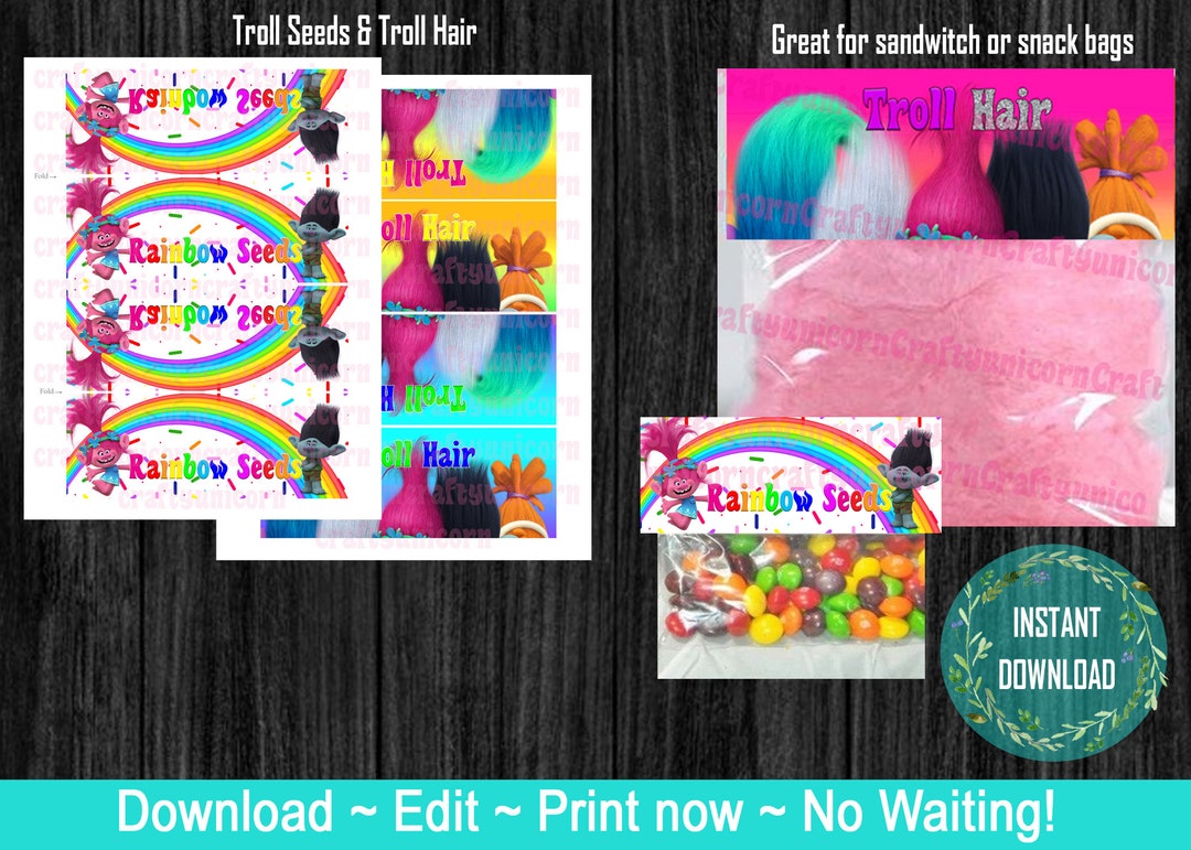 INSTANT DOWNLOAD, Trolls Label Bag, Treat Bag Toppers Trolls, Rainbow ...