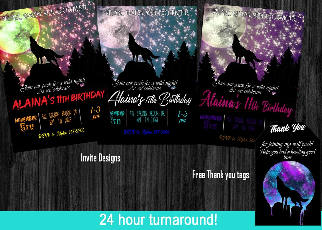 Wolf Birthday Invite Howling Wolf Invite Pack Wolves - Etsy