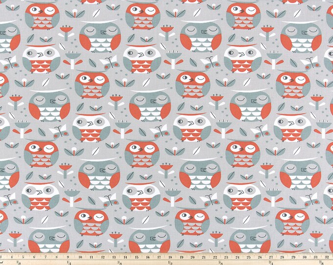 Owl Fabric Owls Owl Woodland Fall Winter Black White Green on Grey by ...