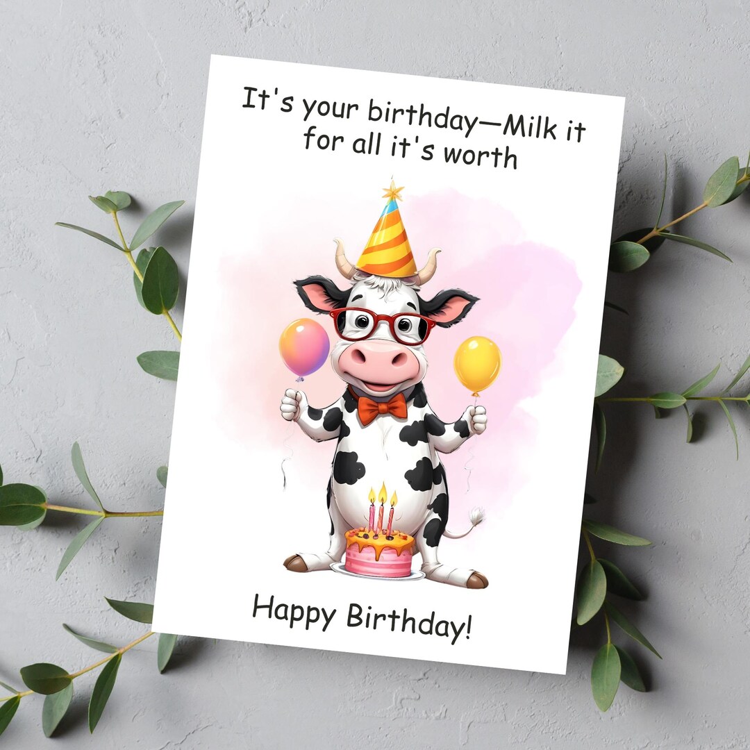 Cow Birthday Card, Funny Birthday Card With Cow Pun, Farm Birthday Card ...