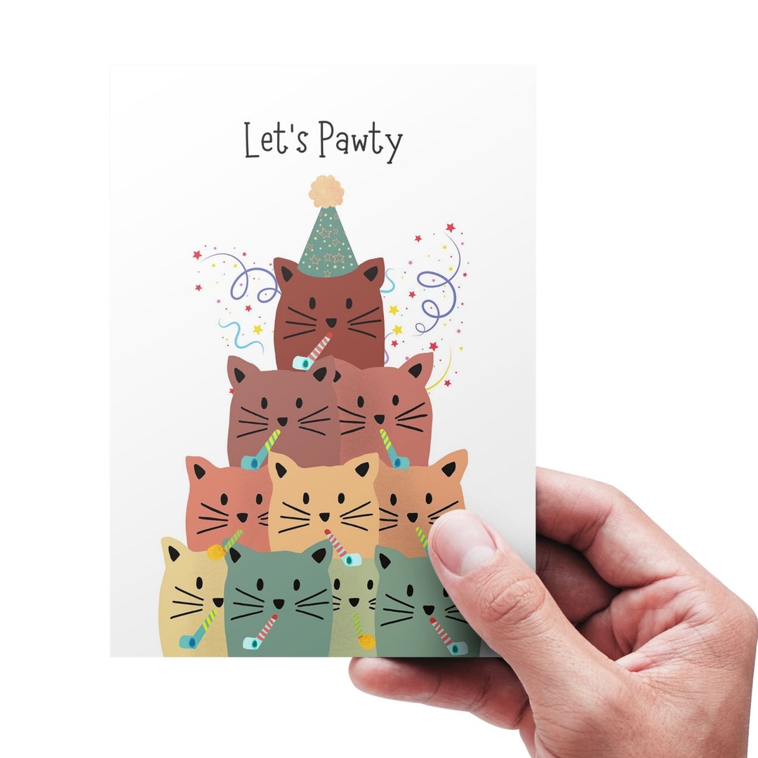 Cat Birthday Card, Funny Greeting Cards, Hand Drawn Party Cats ...