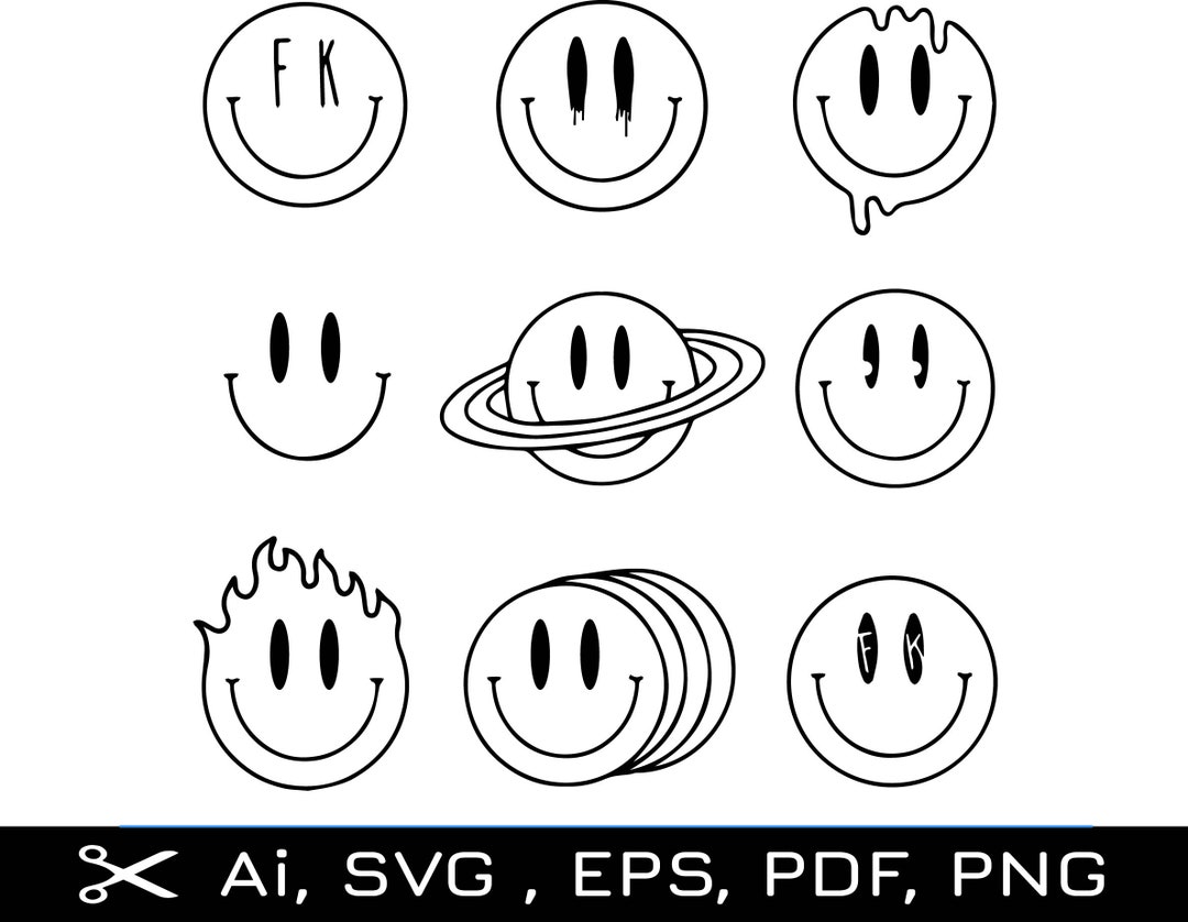 Groovy Smiley Face SVG Bundle: Melting, Happy Face Graphics (commercial ...