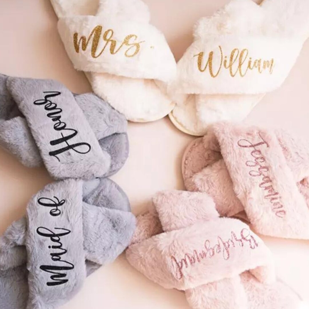 Custom Fluffy Slippers, Fluffy Cross Slippers, Custom Bride Slippers ...
