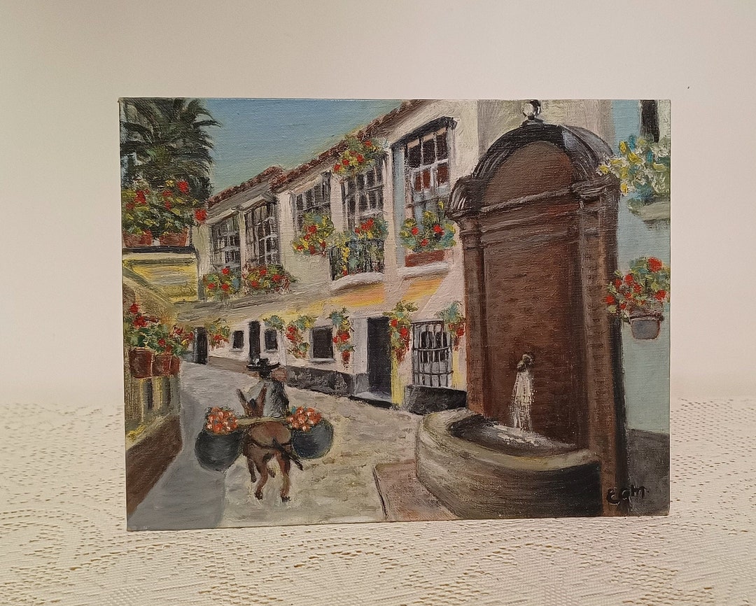 Vintage Spanish Street Scene,unframed Oil Painting Signed. - Etsy