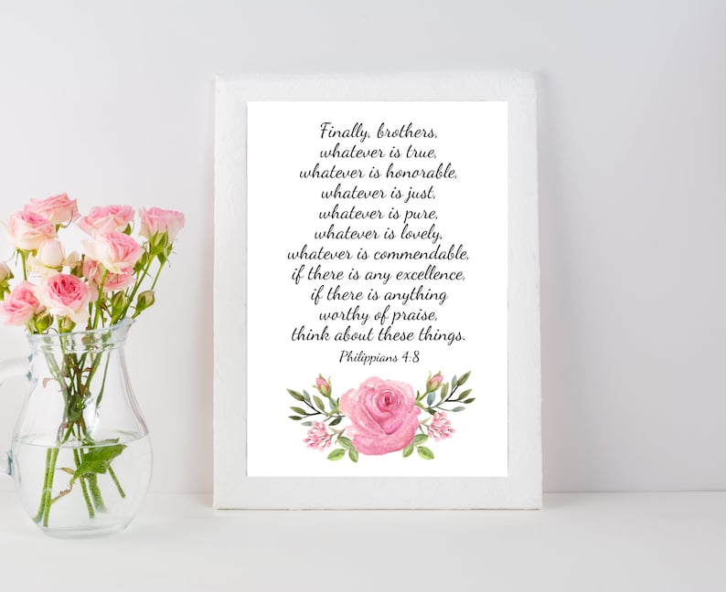 Floral Scripture Watercolor Wall Art and Note Card Philippians 4:8 - Etsy