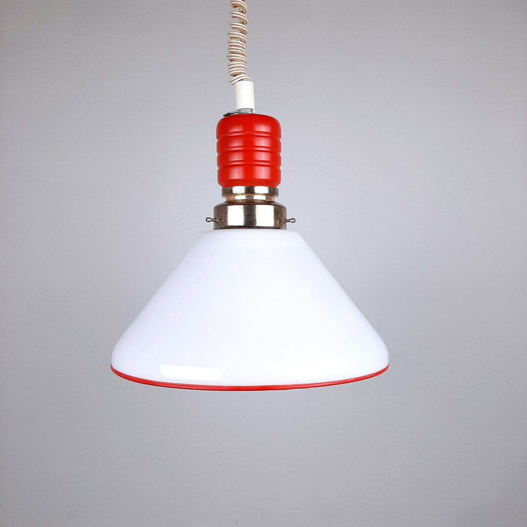 Retro pendant lamp Italy 70s Glass Wood Red&White Farmhouse | Etsy