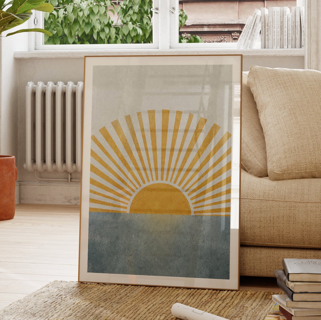 Sunburst Illustration, Printable Wall Art, Watercolor Sea Print, Mid ...