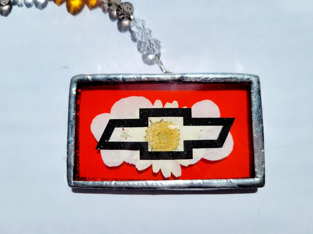 Pressed Flower With Chevy Bowtie Emblem Stained Glass Prism Suncatcher ...