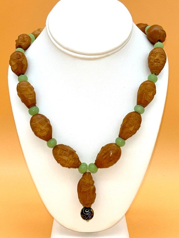 Jade & Carved Coconut Nut Bead Necklace - Gem