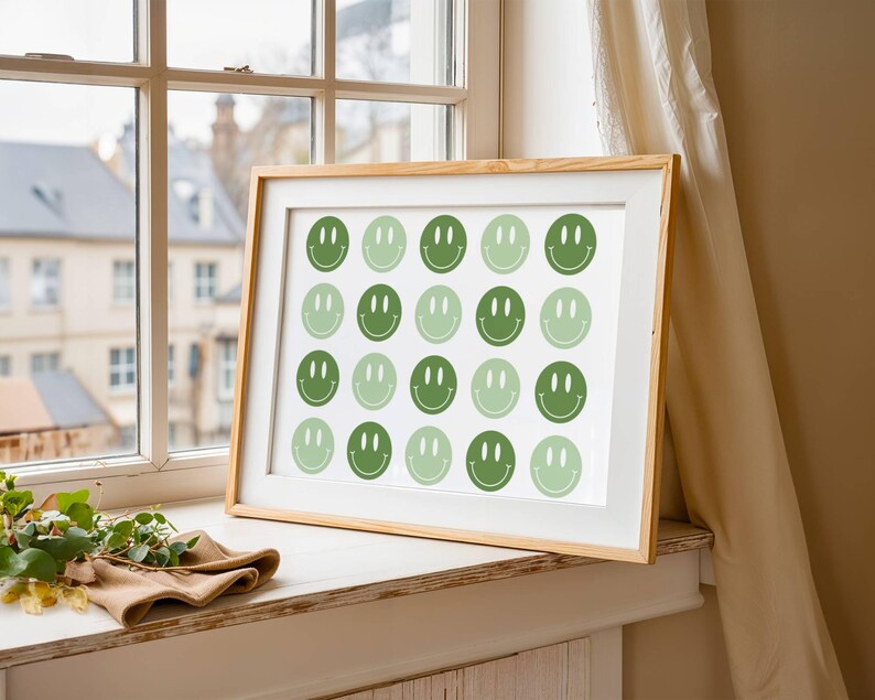 Sage Green Horizontal Smiley Face Art Retro Happy Poster Aesthetic Room ...