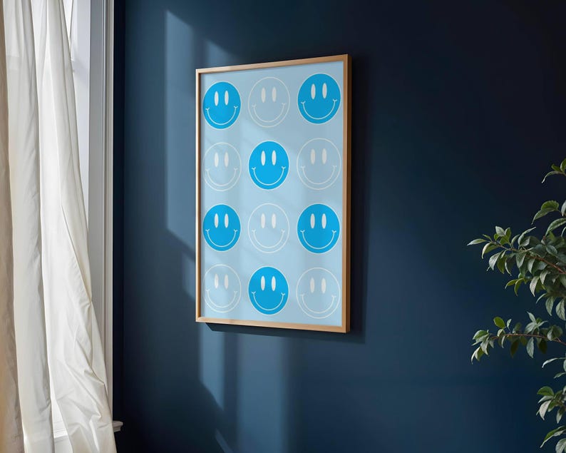 Blue Smiley Face Wall Art Retro Happy Face Poster Blue Aesthetic Room ...