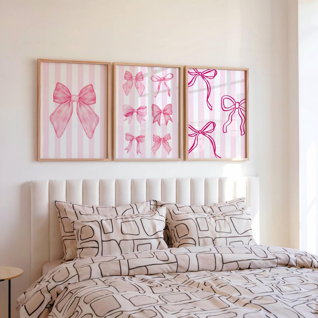 Pink Bow Wall Art Set of 3 | Girly Ribbon Prints | Pink Striped ...