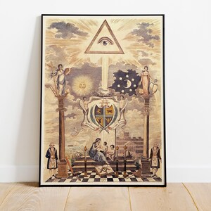 Masonic Temple Pillars and Crest, Freemasonry Print, Grand Lodge ...