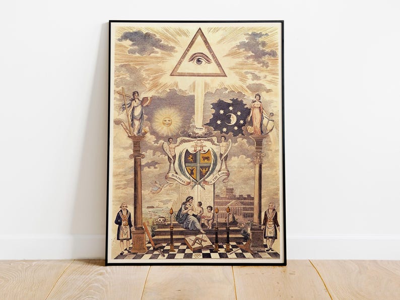 Vintage Masonic Temple Print: Freemasonry Pillars & Crest, All Seeing ...