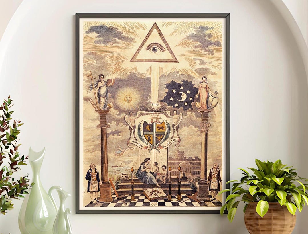 Masonic Temple Pillars and Crest, Freemasonry Print, Grand Lodge ...