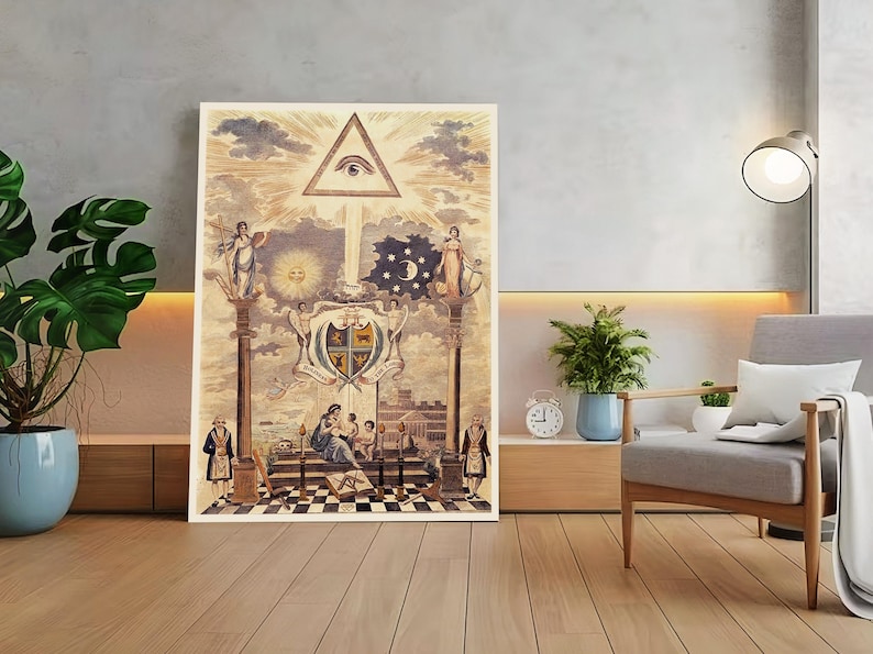 Vintage Masonic Temple Print: Freemasonry Pillars & Crest, All Seeing ...