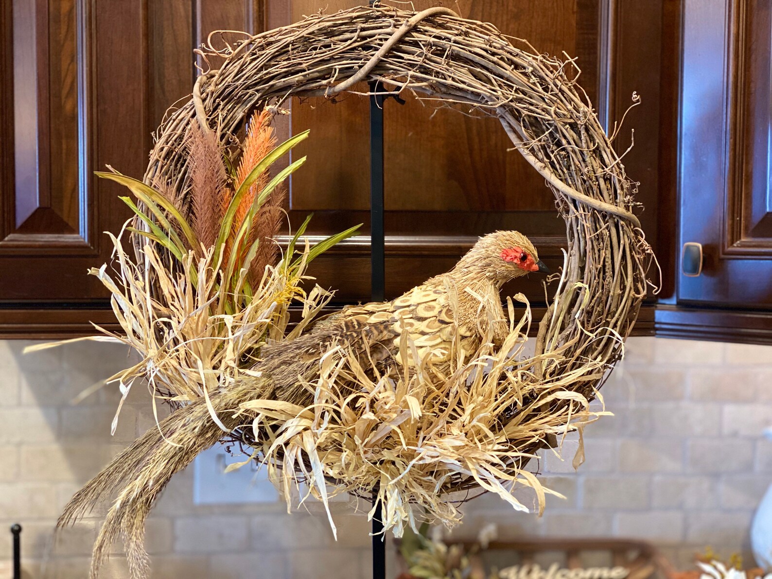 18 Fall Pheasant grapevine wreath. Natural fiber and feather | Etsy