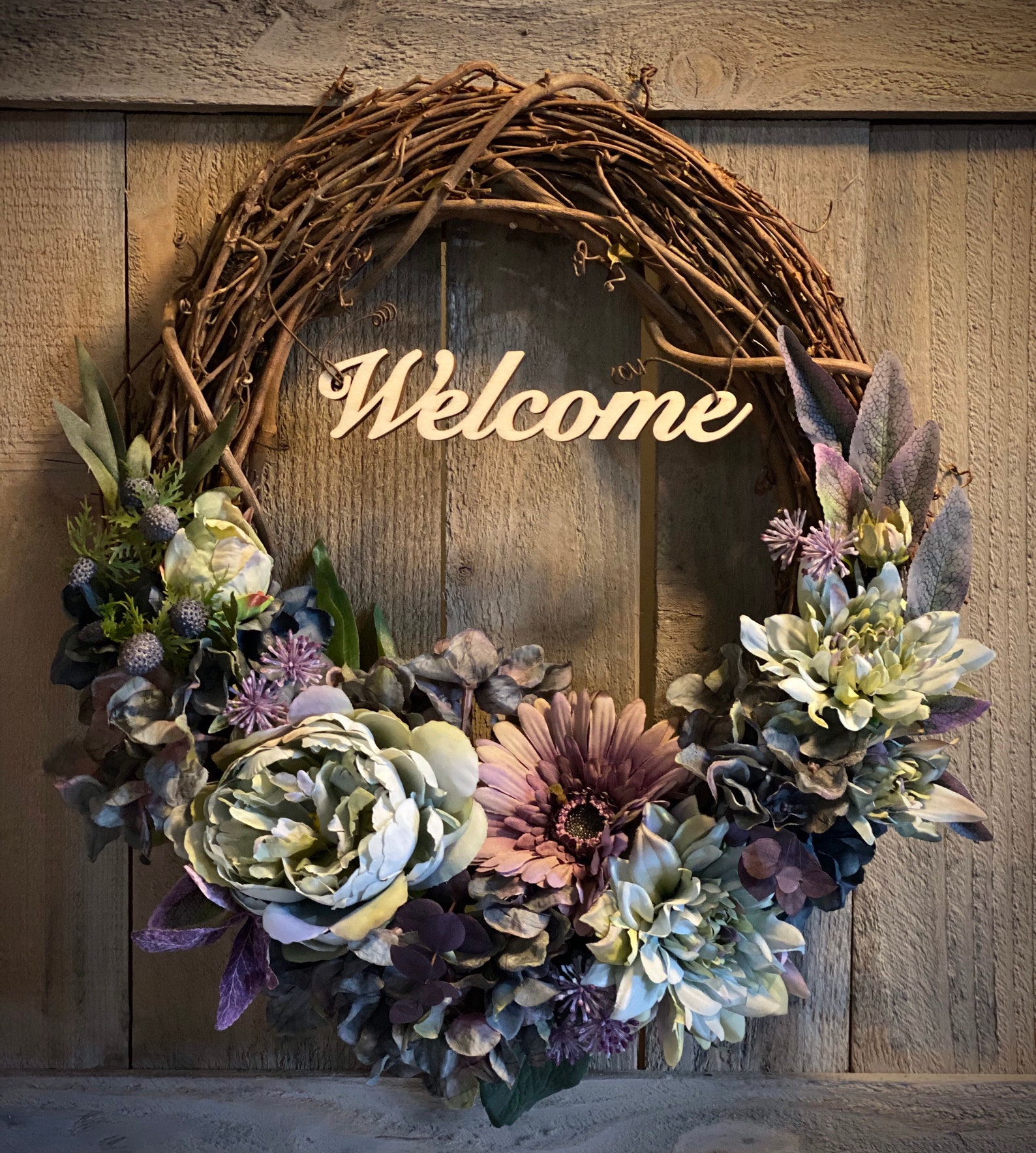 Grapevine Wreath in Navy, Sage & Lavender Colors. This 16x14“ Wreath ...