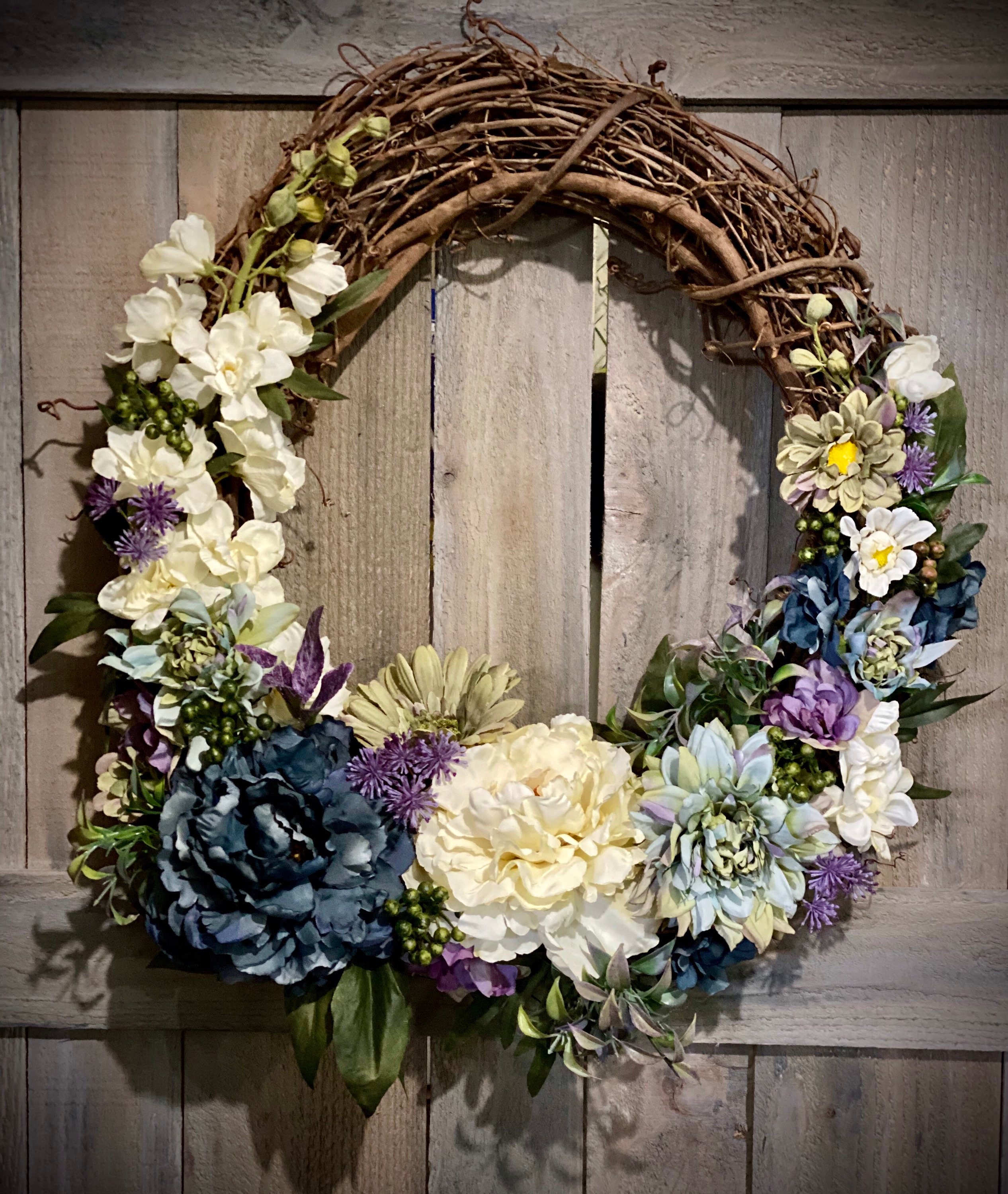 20” Grapevine Wreath in Navy, Sage & Lavender Colors. - Etsy