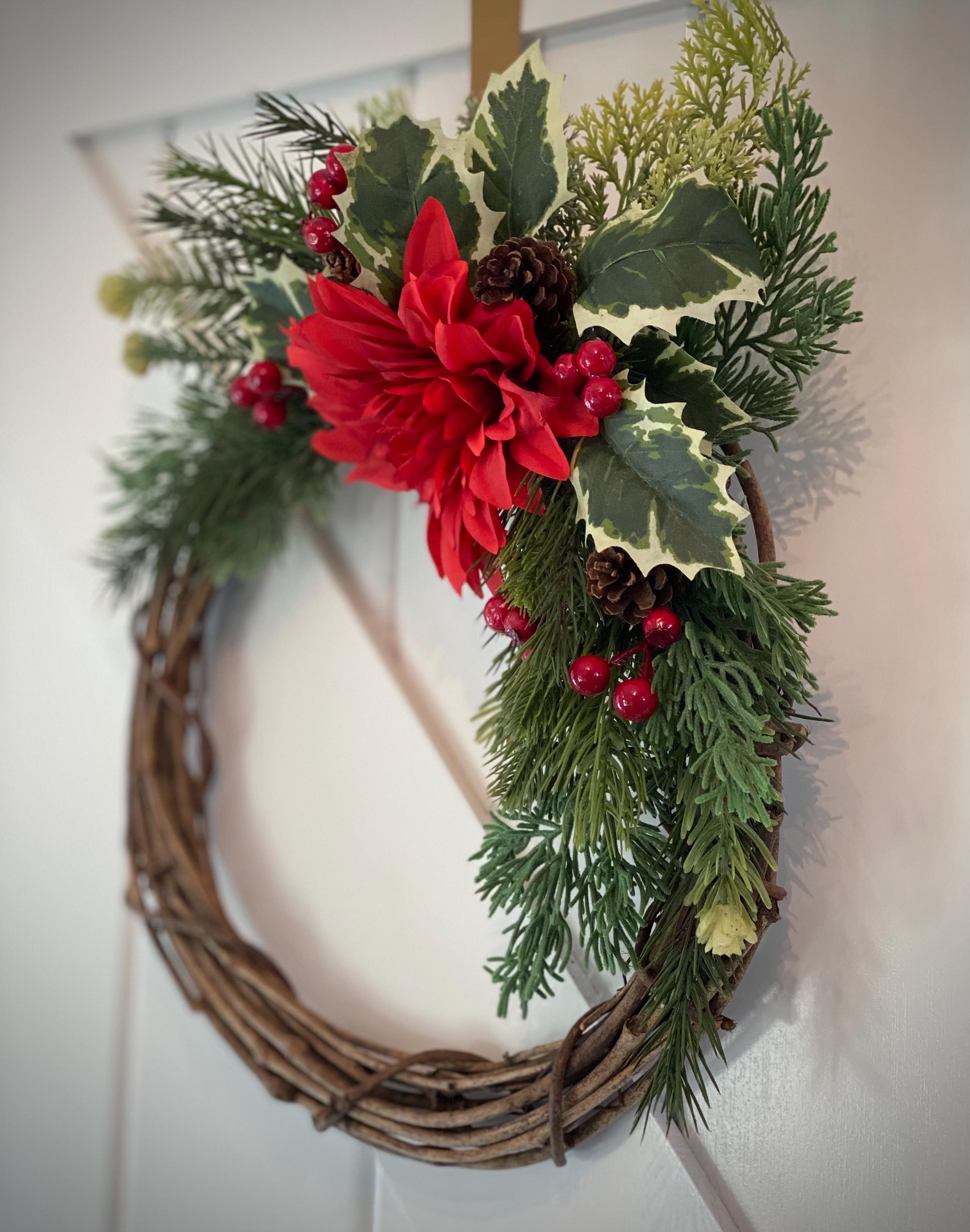 12” Christmas Wreath in Pine, Large Red Dahlia, Berries and Holly. This ...