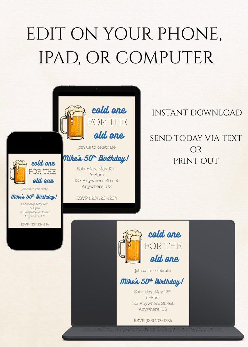 Beer Birthday Invitation | Editable 50th Party Invite (digital Download ...