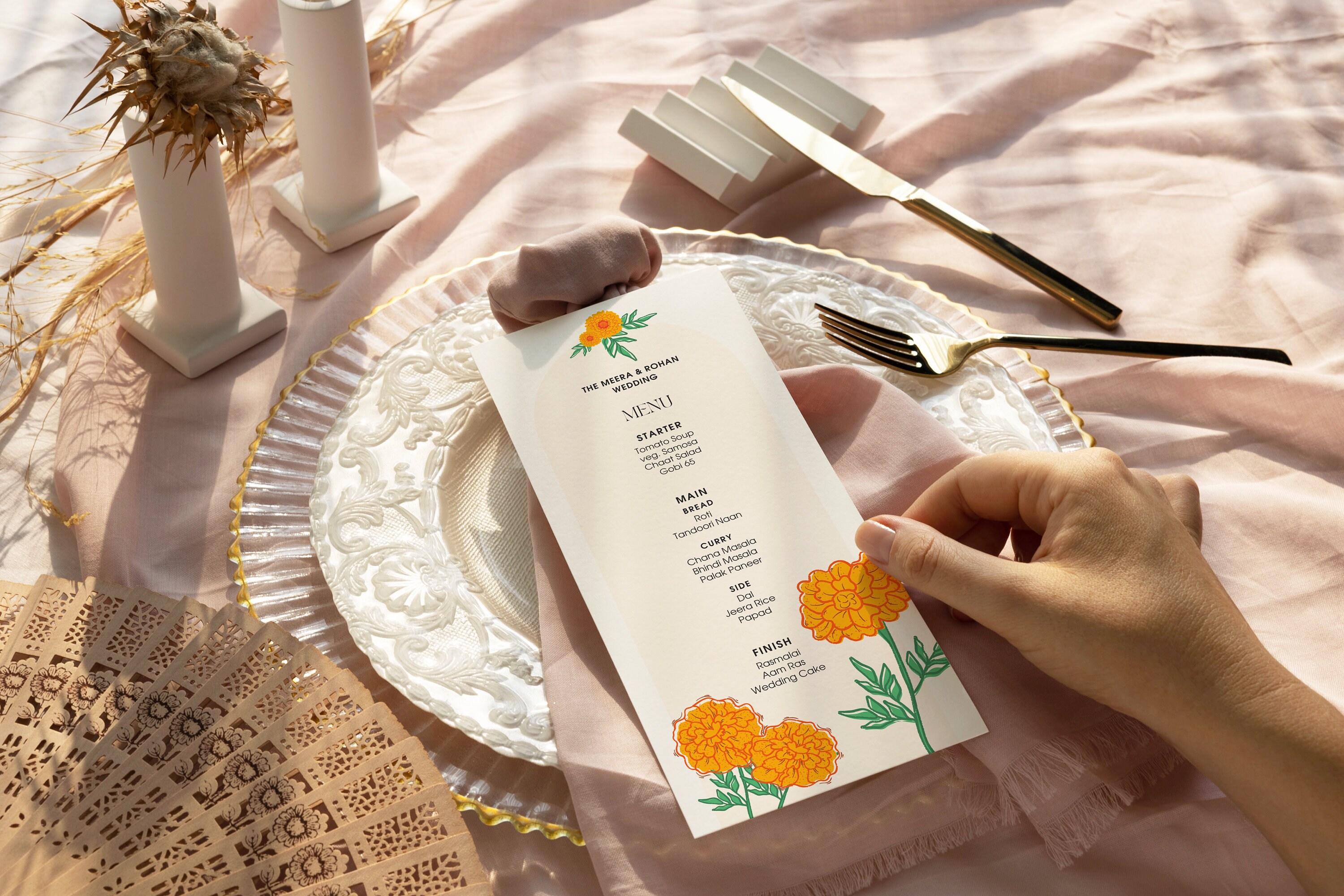 DIGITAL 4x9 Food Menu With Place Card for Indian Wedding Marigold Canva ...