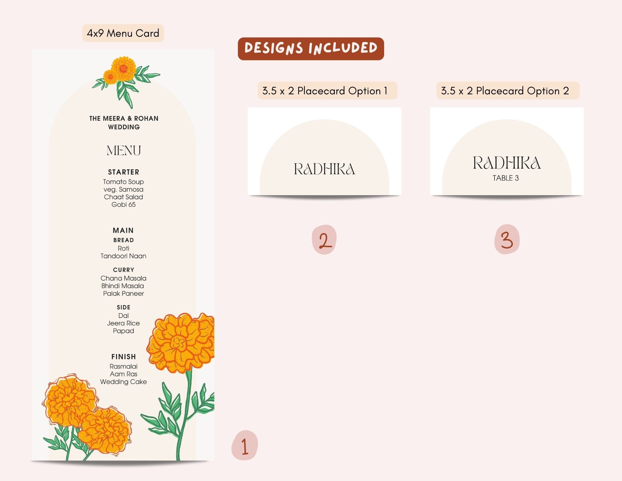 DIGITAL 4x9 Food Menu With Place Card for Indian Wedding Marigold Canva ...