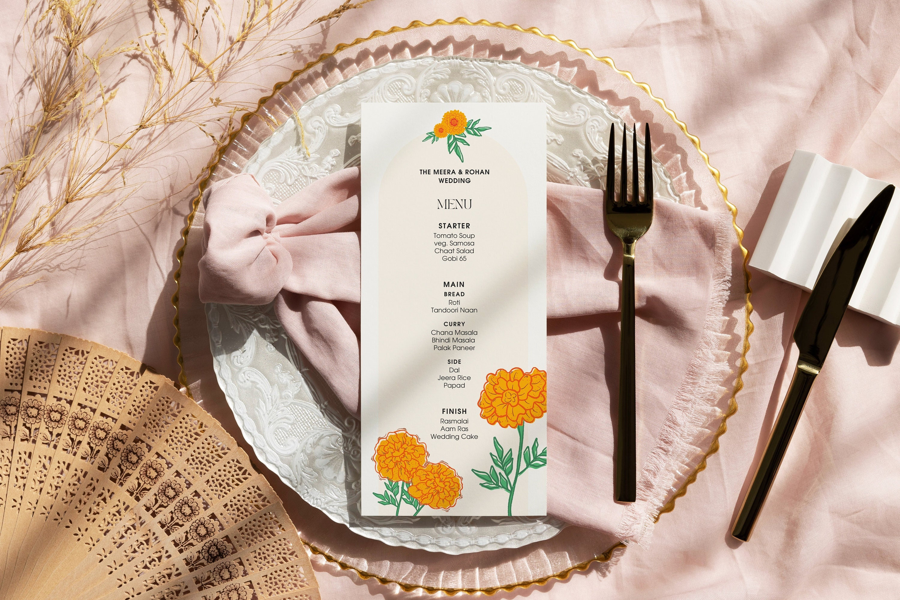 DIGITAL 4x9 Food Menu With Place Card for Indian Wedding Marigold Canva ...