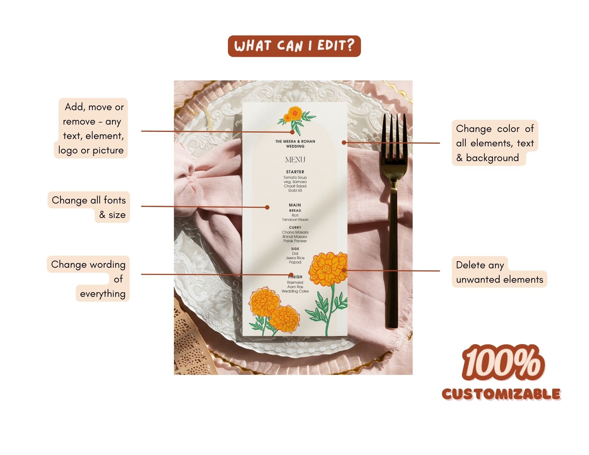 DIGITAL 4x9 Food Menu With Place Card for Indian Wedding Marigold Canva ...