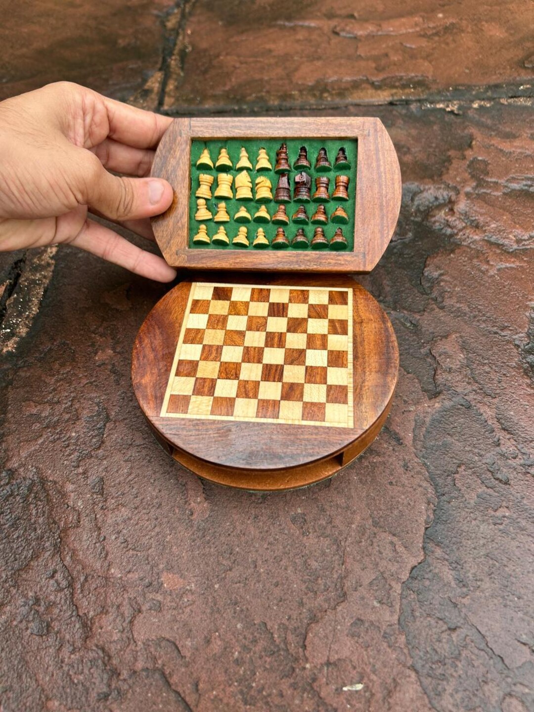 Round Magnetic Chess Set Solid Wood Handmade India Chess 5x5 In-built ...