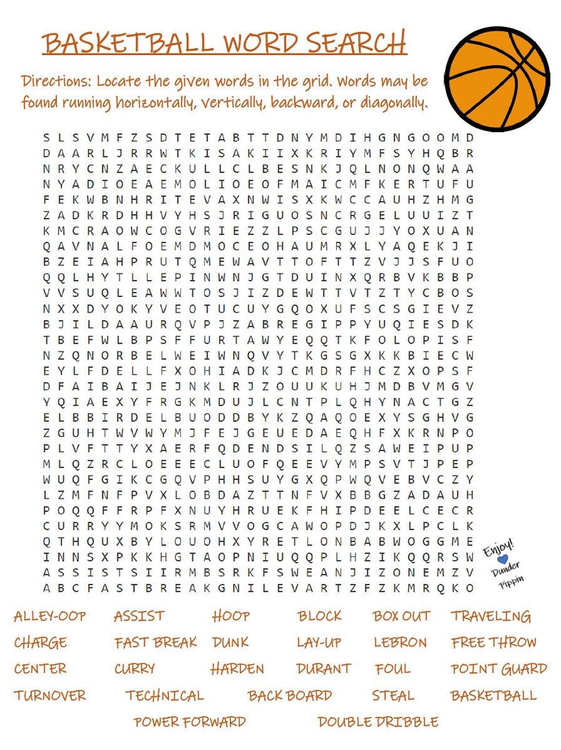 Kids Digital Word Search Kids Basketball Word Search Word | Etsy