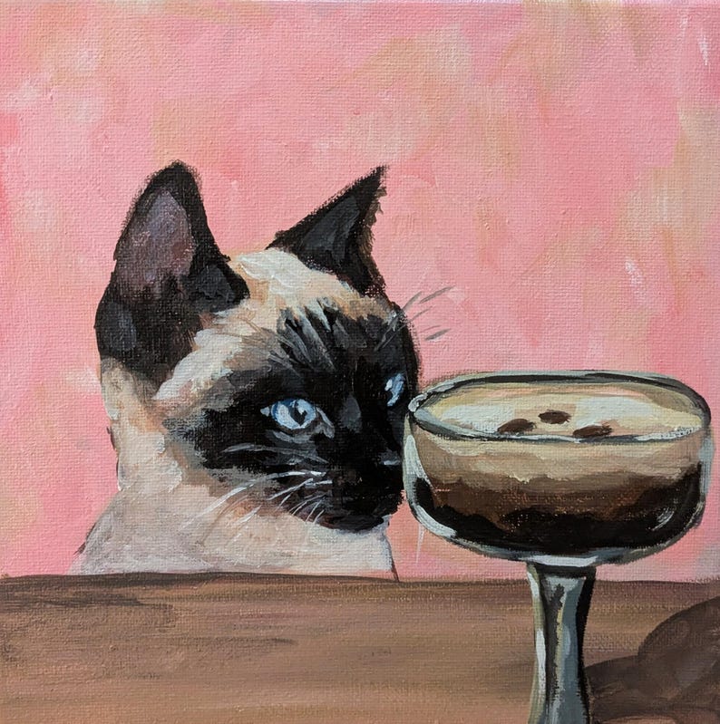 Siamese Cat Espresso Martini Painting, Quirky Cat Art, Espresso Martini ...